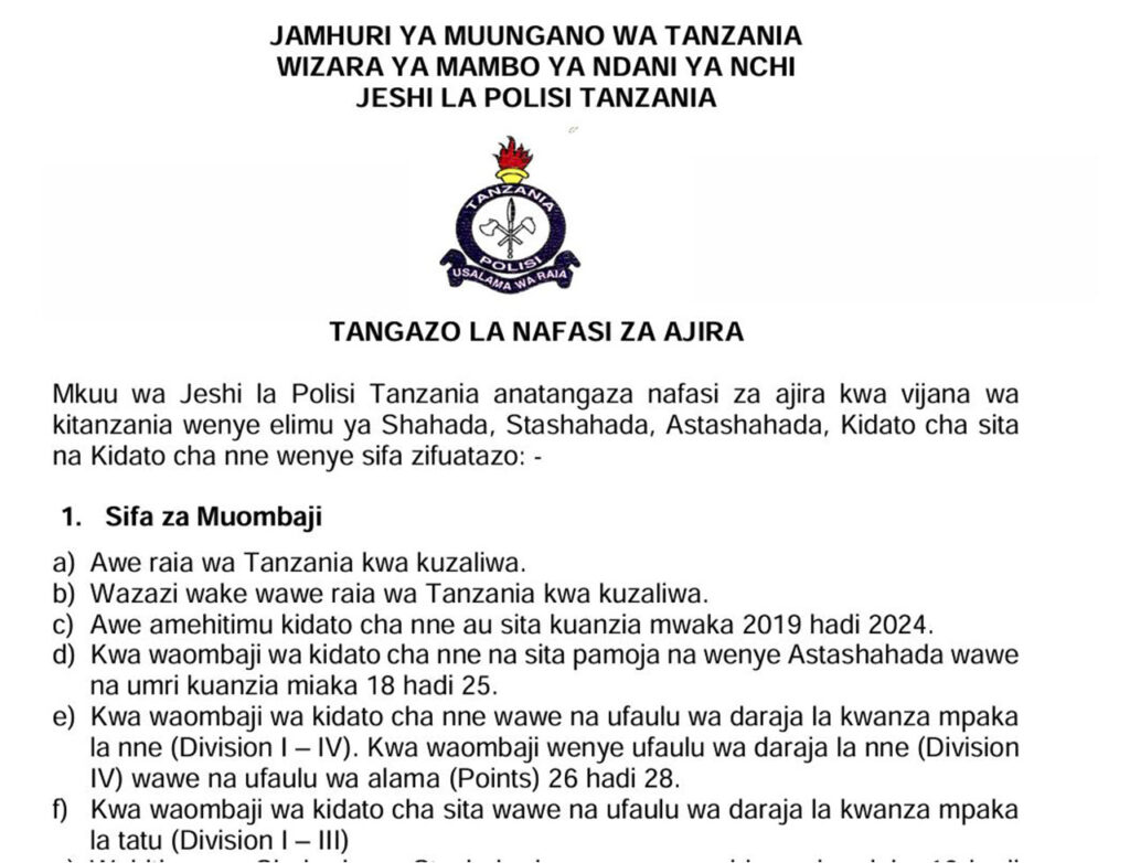 Nafasi za Kujiunga na Jeshi la Polisi 2025 - Darasa Huru - 2025